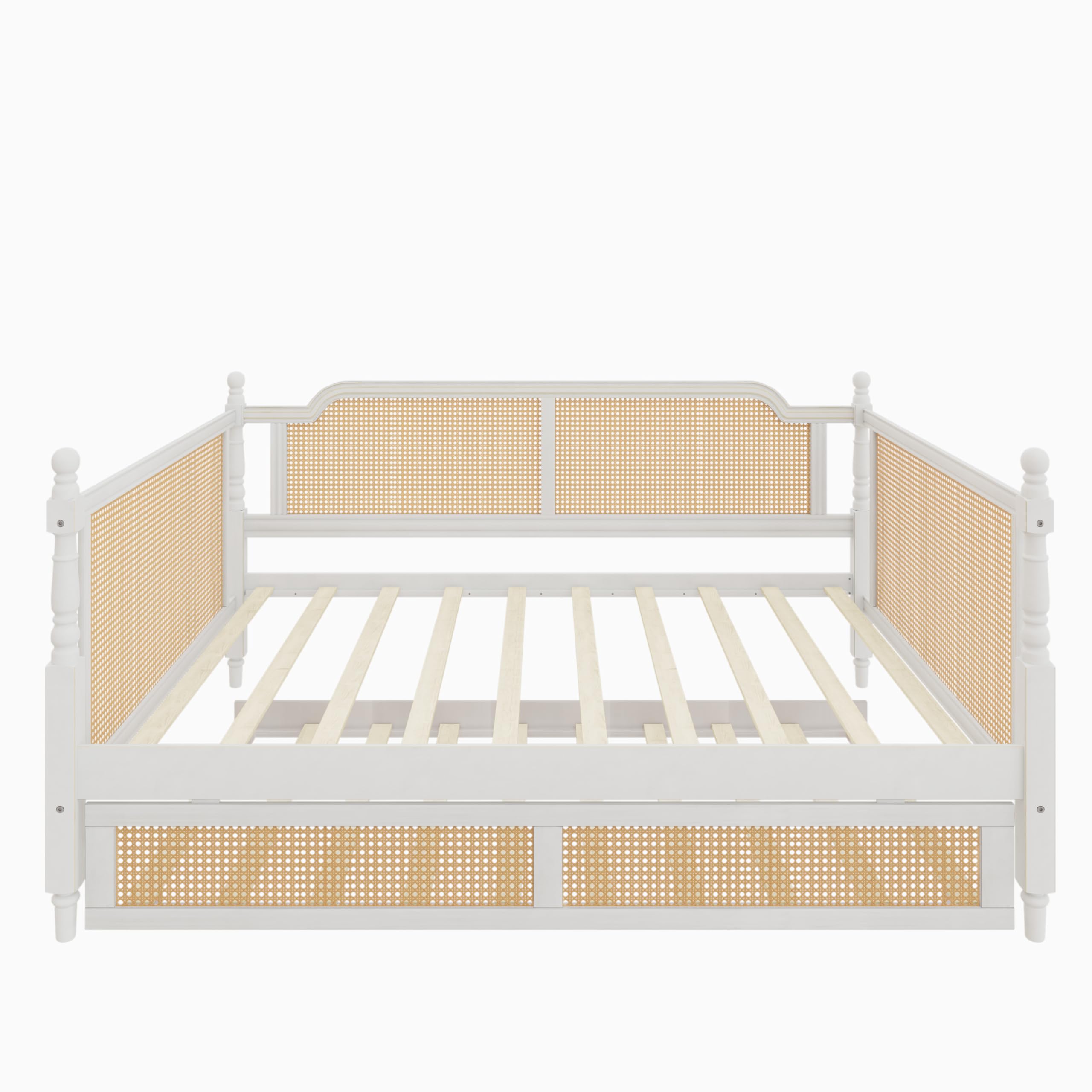 Traditional Style Rattan Full Size Daybed, Wood Daybed with Trundle for Small Space Guestroom, No Box Spring Needed, Antique Walnut
