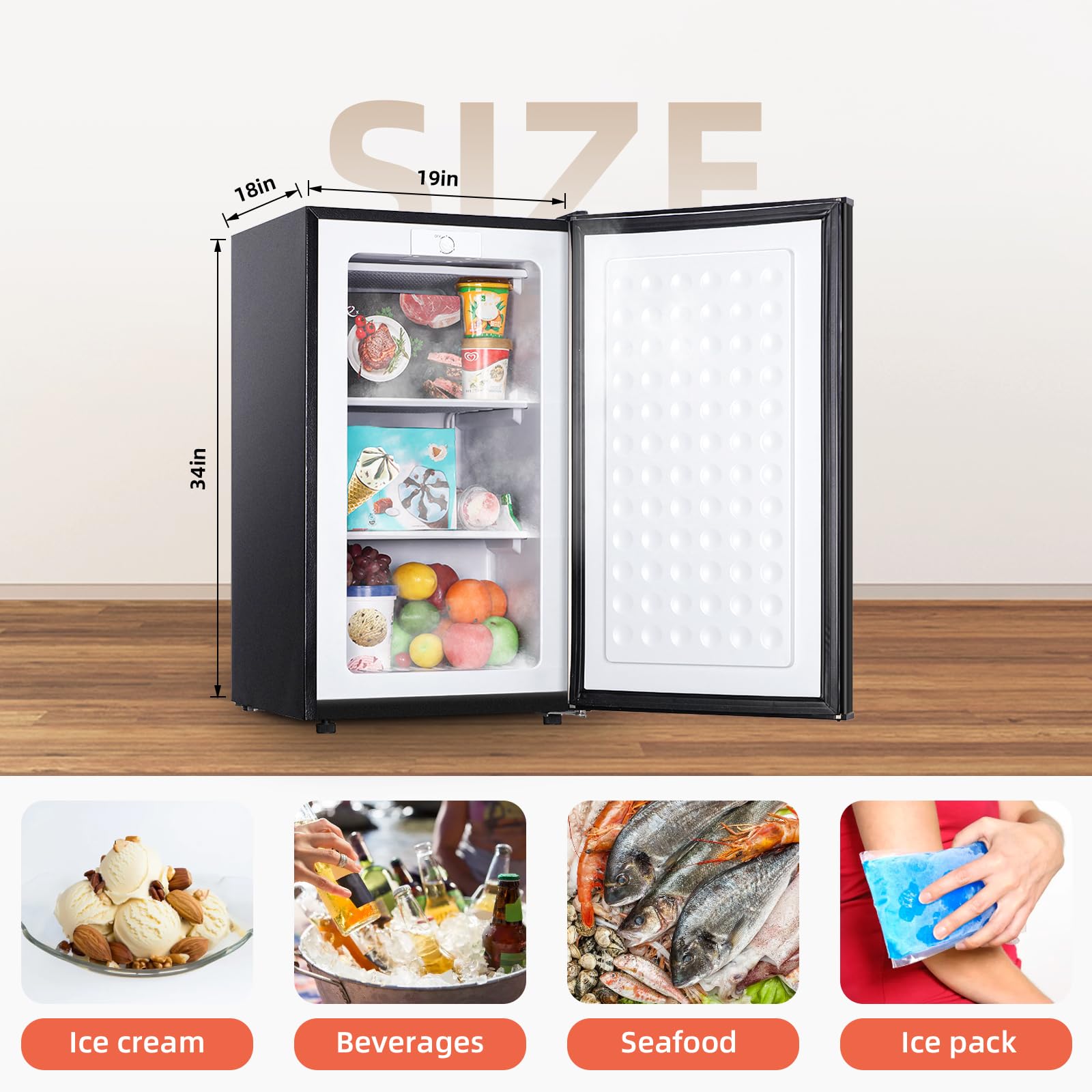 Upright Freezer with Reversible Single Door 3.5 Cubic Feet Stainless Steel Compact Freezer Black Adjustable Thermostat Removable Shelves Perfect for Garage Dorm and Kitchen