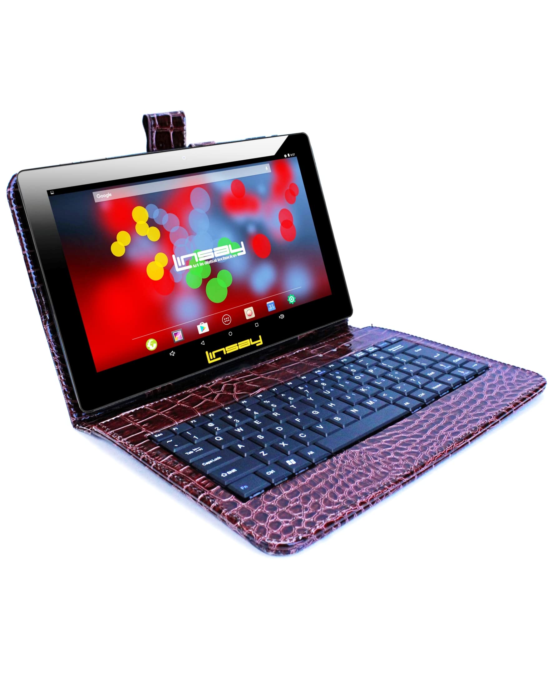 LINSAY 10.1" 1280x800 IPS 2GB RAM 32GB Android 11 Tablet with Brown Crocodile Style Keyboard, Pop Holder and Pen Stylus