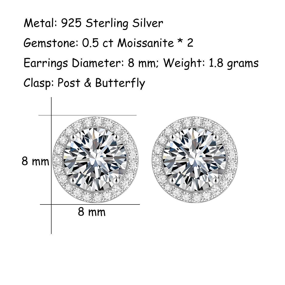 FANCIME 14K Solid White Gold Plated 925 Sterling Silver 1 Carat 5mm EF Color VVS Moissanite Classic Halo Setting Simulated Diamond Bridal Earring Studs for Women Jewelry