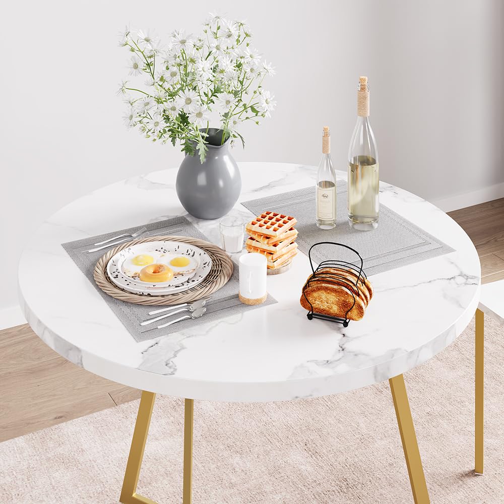 Fancihabor Round Dining Table Set for 2, Kitchen Table and Chairs for 2, Dining Room Table Set, 3 Piece Dining Table Set for Small Space, Apartment, Studio, Marble White Gold