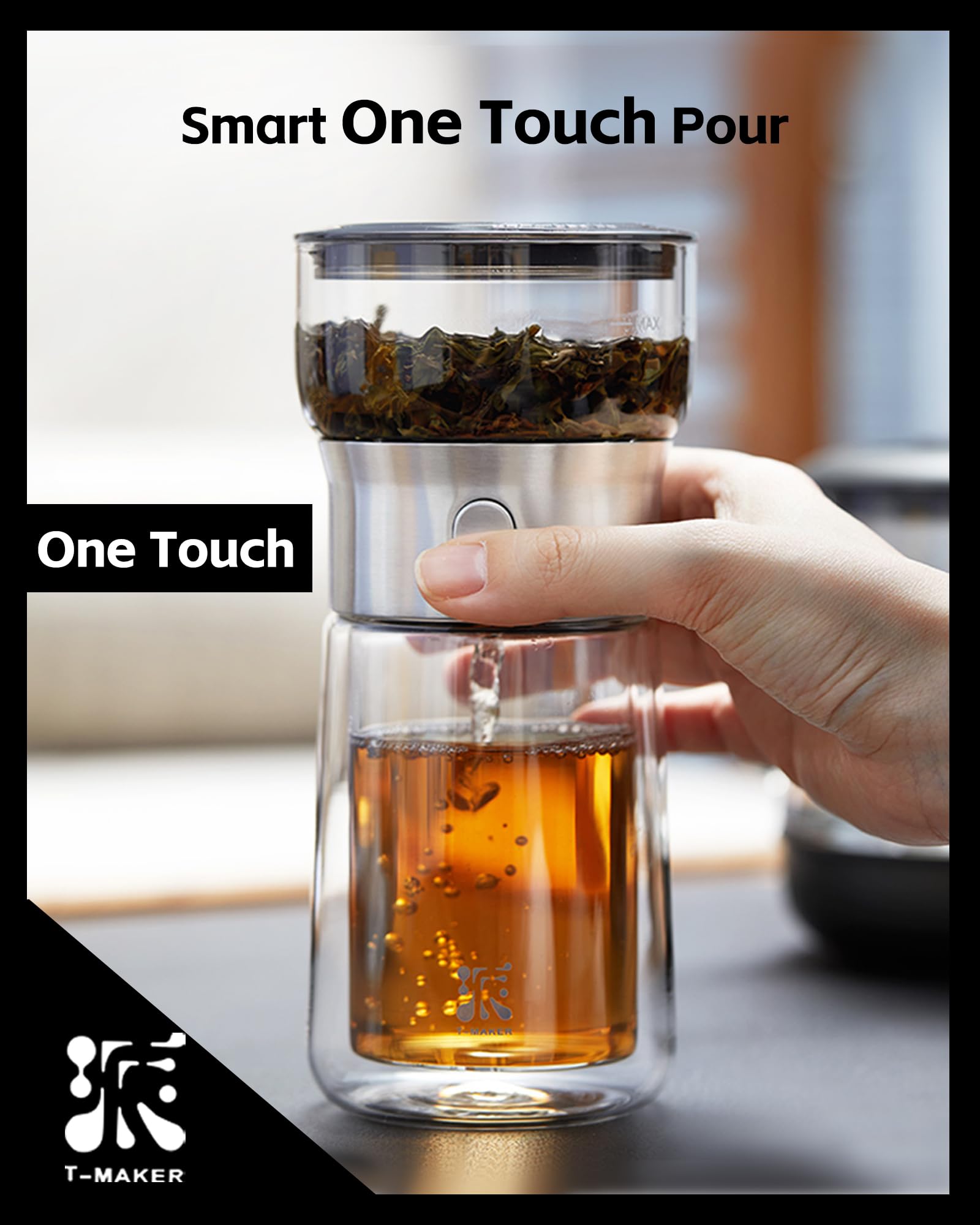 ZENS Modern Small Glass Tea Infuser Teapot, 3-in-1 Smart One Touch Tea Maker for Loose Leaf Tea Steeper, Solo Simple Tea Strainer with 9oz Double Walled Tea Cup for Hot Black, White Tea Diffuser.
