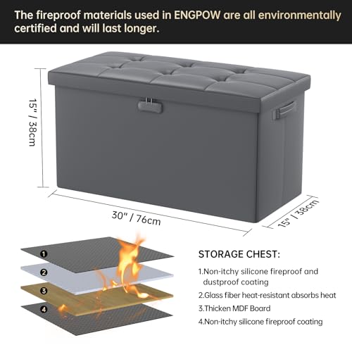 ENGPOW Storage Ottoman Bench,Fireproof Folding Storage Bench with Lock,30 Inches Fire&Water Resistant Storage Chest Foot Rest Stool Leather Bedroom Bench with Storage Safe for Document,Valuables,Grey