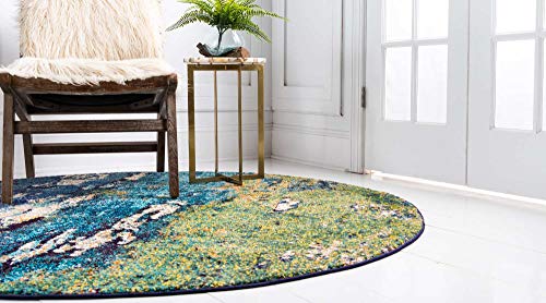 Unique Loom Estrella Collection Distressed, Landscape, Abstract, Modern, Earth Tones Area Rug (8' 0 x 8' 0 Round, Navy Blue/Green)