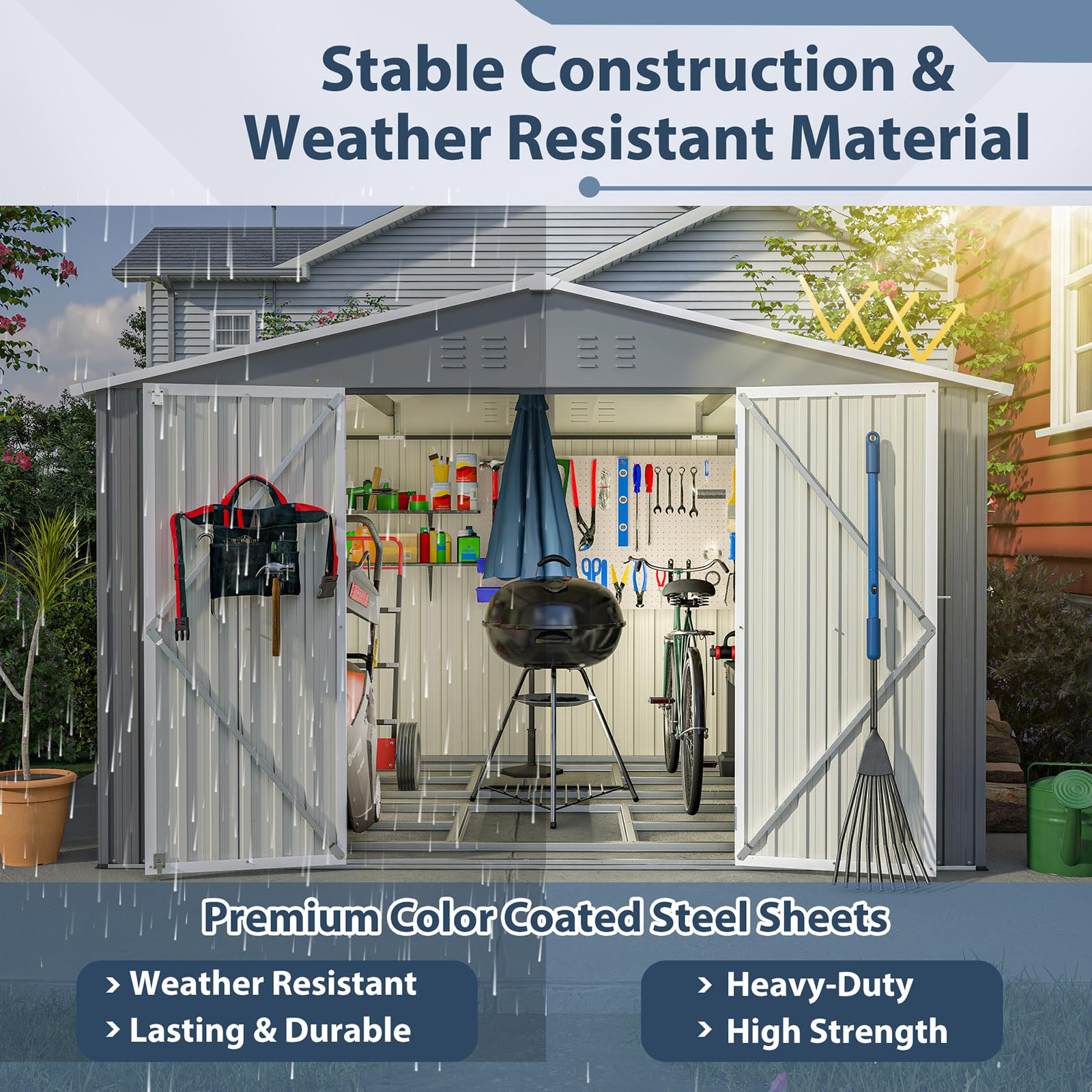 SofLuxe Metal Outdoor Storage Shed,Utility Garden Shed Tool House with Hinge Door and Padlock,Floor Frame Included,All Weather Metal Sheds for Backyard Patio,Gray,10 * 8ft
