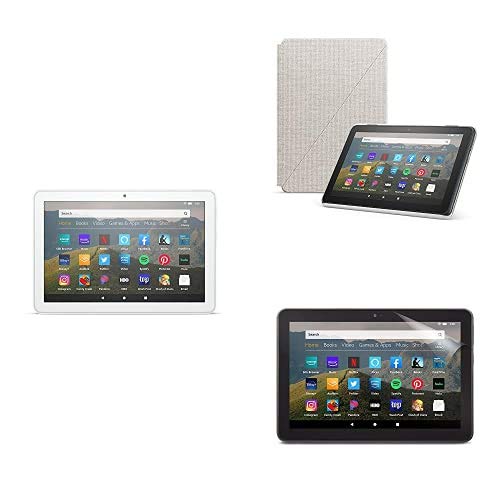 Fire HD 8 Essentials Bundle including Fire HD 8 Tablet (White, 32GB) Ad-Supported, Amazon Standing Case (Sandstone White), and Nupro Clear Screen Protector