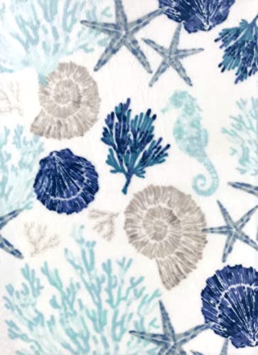 Ocean Life Coastal Throw Blanket: Soft Plush Velvet Fleece Calming Hues of Blues Beige on White, Accent for Sofa Couch Chair Bed or Dorm (Coastal Shells)