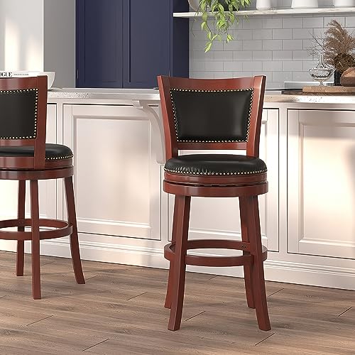 Flash Furniture Ebert 26'' High Light Cherry Wood Counter Height Stool with Open Panel Back and Black LeatherSoft Swivel Seat