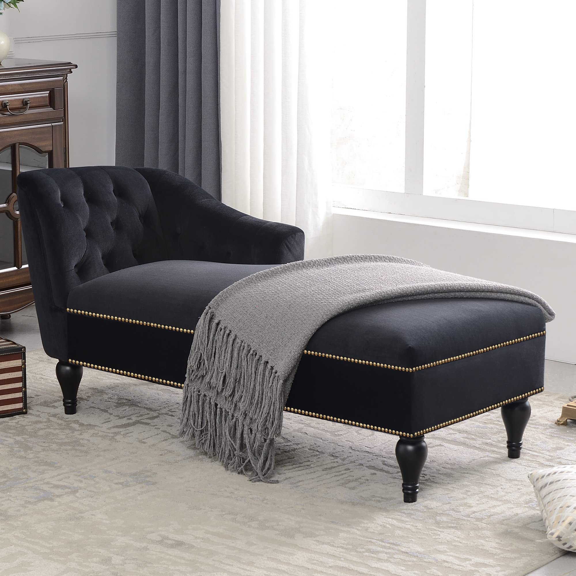 FIQHOME Indoor, 58" Velvet Chaise, Button Tufted Right Arm Facing Chair with Nailhead Trim & Solid Wood Legs for Living Room or Office, Sleeper Lounge Sofa (Black)