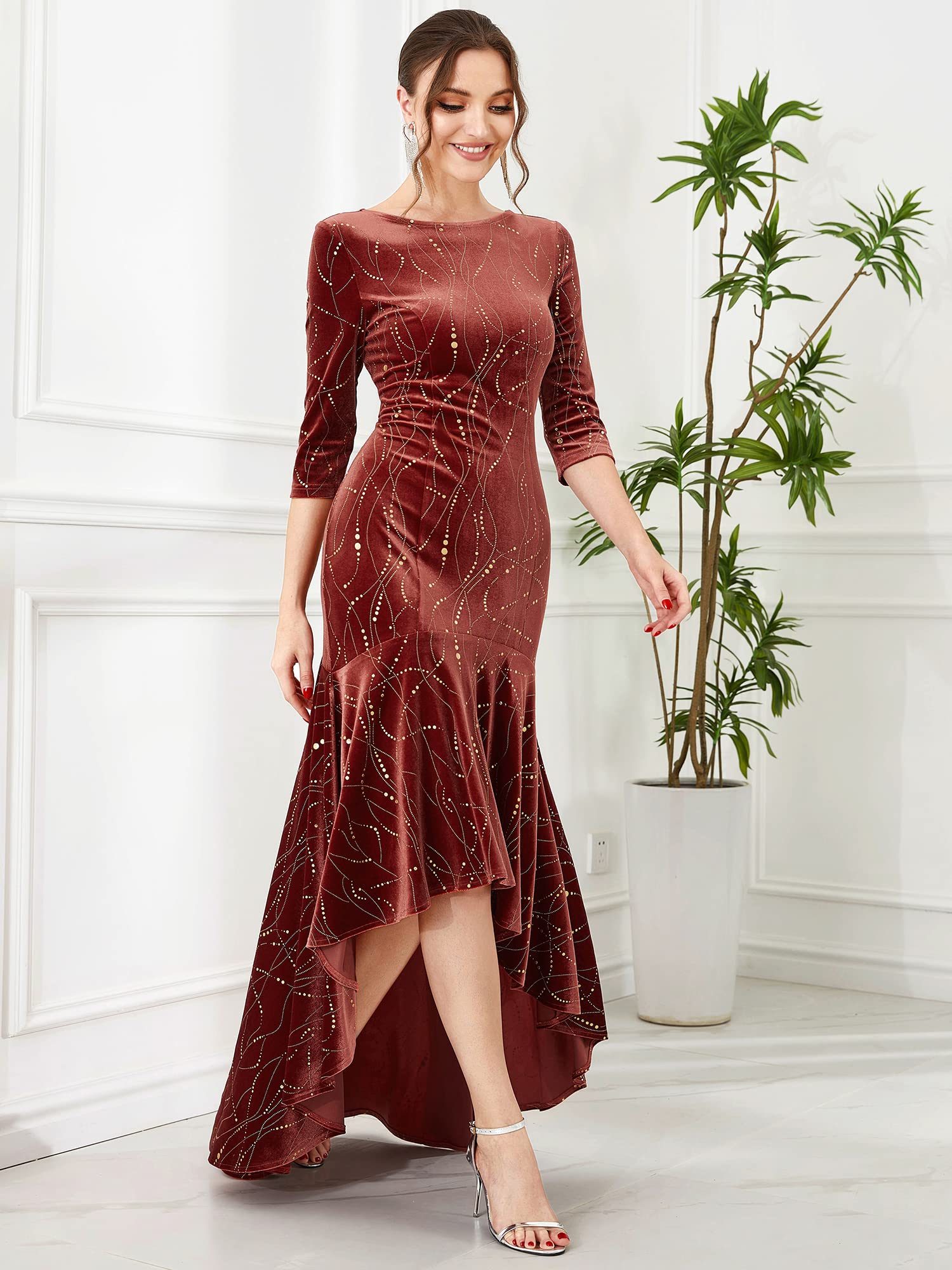 Ever-Pretty Women's Plus Size Velvet High-Low Wedding Mermaid Maxi Formal Dress Gala Dresses Maroon US16