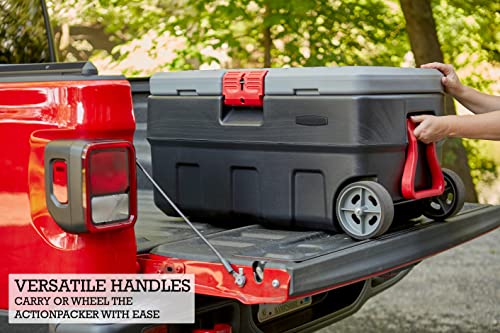 Rubbermaid ActionPacker 35 Gal Wheeled Lockable Storage Bin with Lid, Heavy-Duty Water Repellent Industrial Container with Built-In Durable Wheels, Great Tool Organizer, Truck Bed Storage, and More