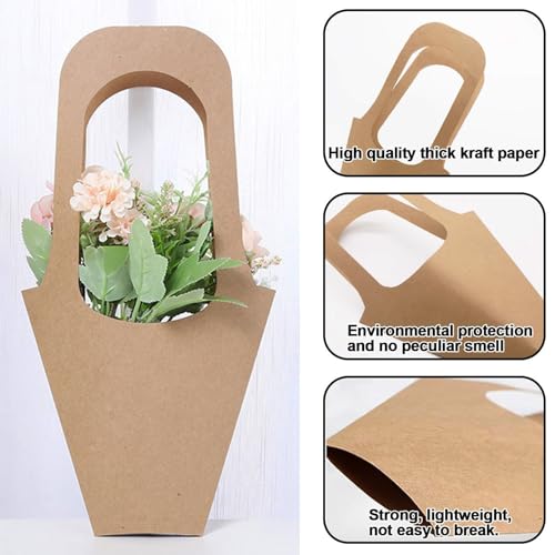 Firbirch 10 Pcs Kraft Paper Bouquet Bags with Handle, Brown Paper Flower Wrapping Gift Bags for Valentine's Day Florist Wedding Party Home Decoration (Small(35 x 19cm))