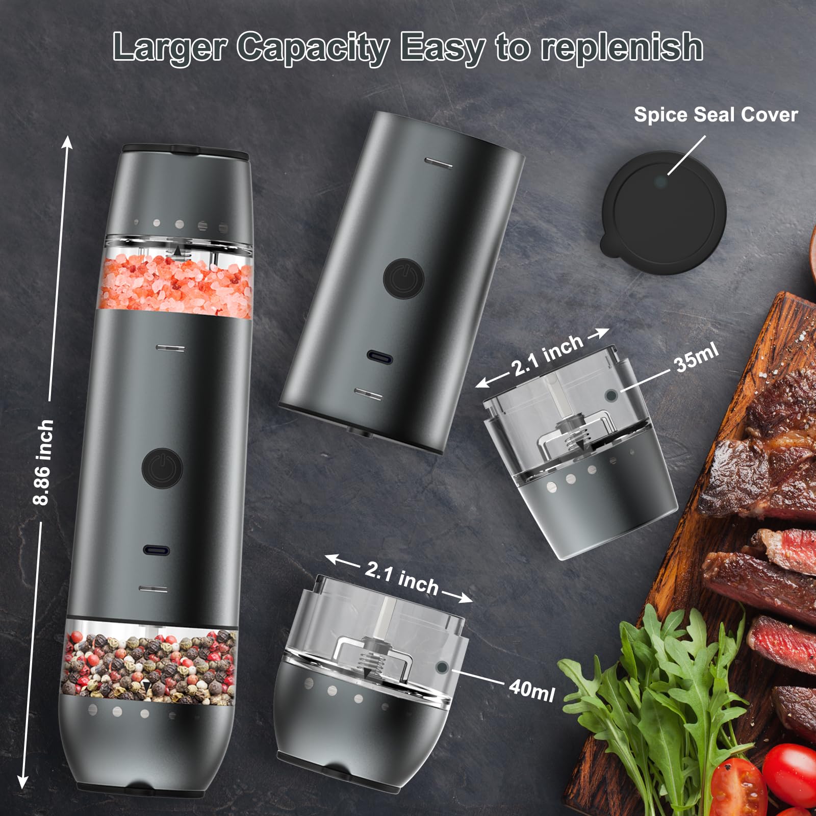 Electric Salt and Pepper Grinder 2 In 1 Duel Heads Grinding, Type-C Rechargeable, One Button Operation & Gravity, Automatic Salt Pepper Mills with Ceramic Grinding Teeth, 5-Precise Grind Settings