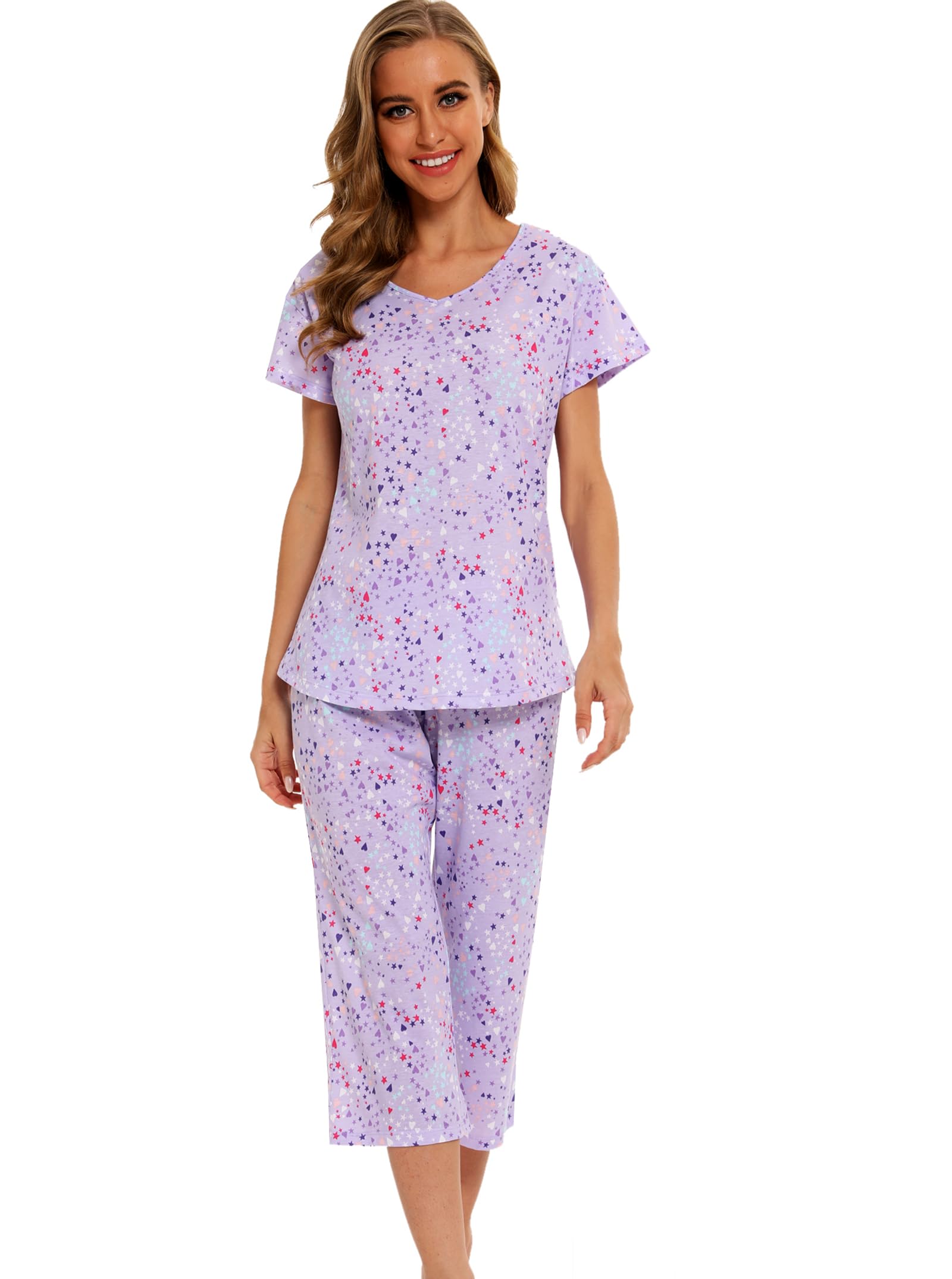 ENJOYNIGHT Women's Pajama Sets Cotton Sleepwear Tops with Capri Pants Summer Pjs (PU, X-Large)