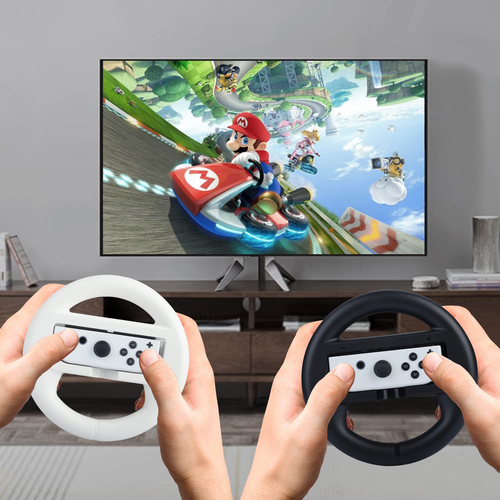 FANPL 2Pcs Steering Wheel for Nintendo Switch & Switch OLED Joy Cons, Racing Wheel Compatible with Mario Kart 8 Deluxe, Grip Accessories with 8 Thumb Caps, Enhance Racing Experience (Black & White)