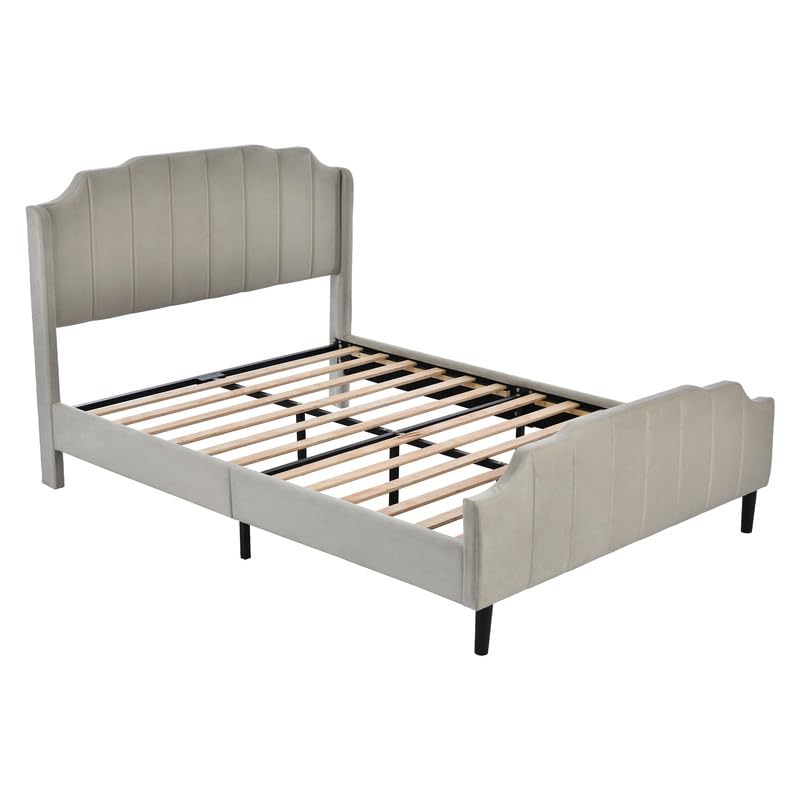 FDSPDO Queen Size Upholstered Platform Bed with Headboard and Footboard,No Box Spring Needed, Velvet Fabric,Gray