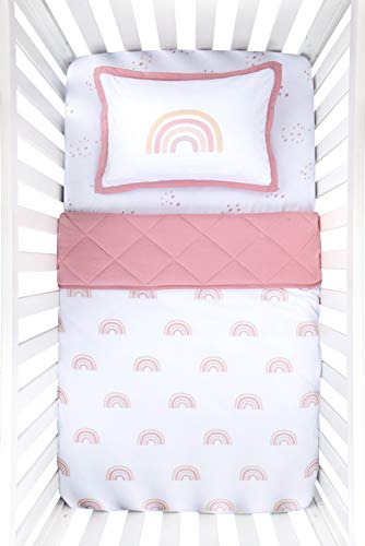 Ely's & Co. Baby Crib Bedding Sets for Girls β 4 Piece Set Includes Crib Sheet, Quilted Blanket, Crib Skirt, and Baby Pillowcase β Pink Rainbow Design