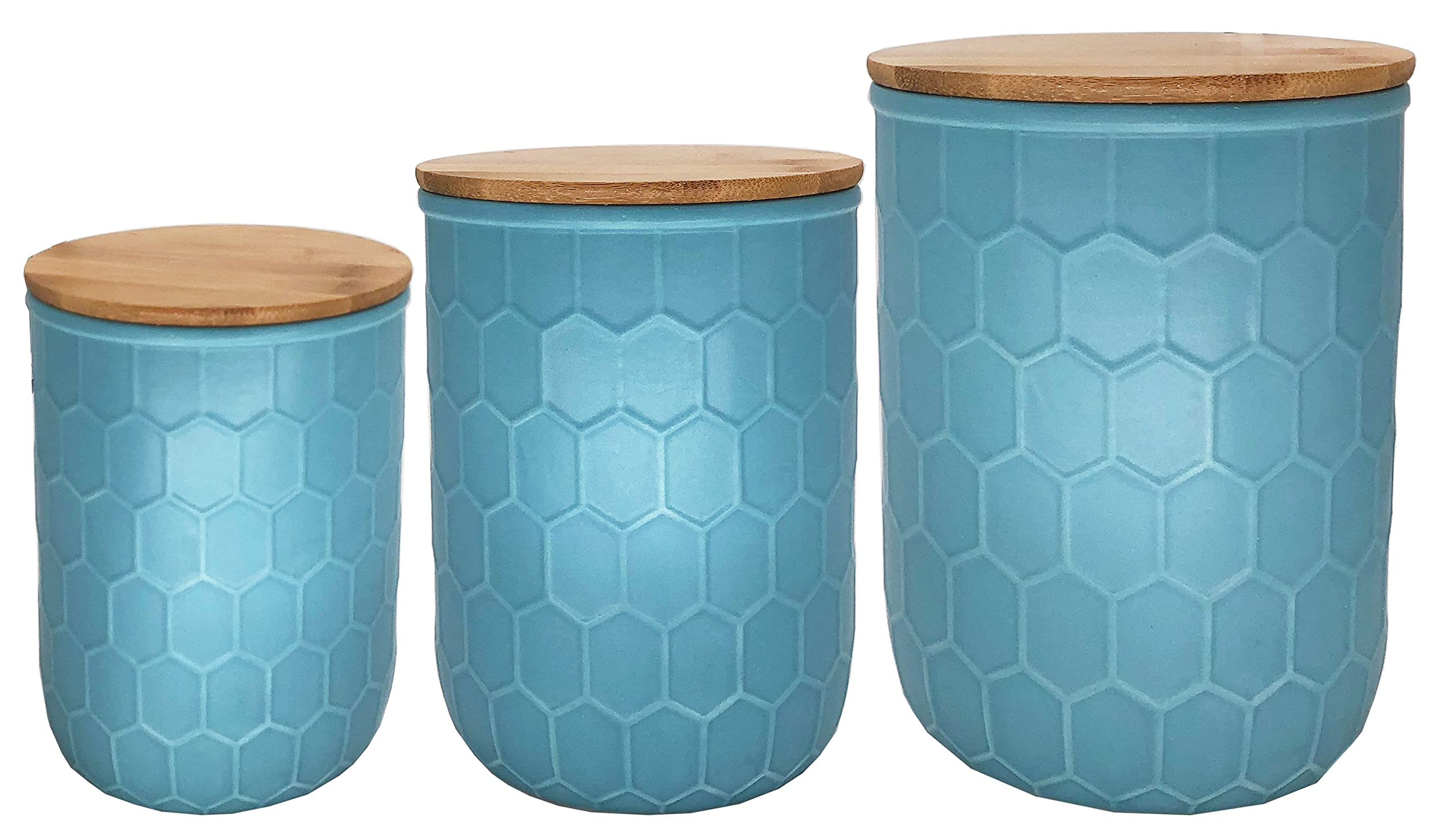 First of a Kind Kitchen Canisters - Blue Stoneware Canisters with Bamboo Lids, Set of 3 Storage Canister Container Set - Honeycomb Design, Ceramic Food Canister Jars for Tea, Sugar & Flour Storage