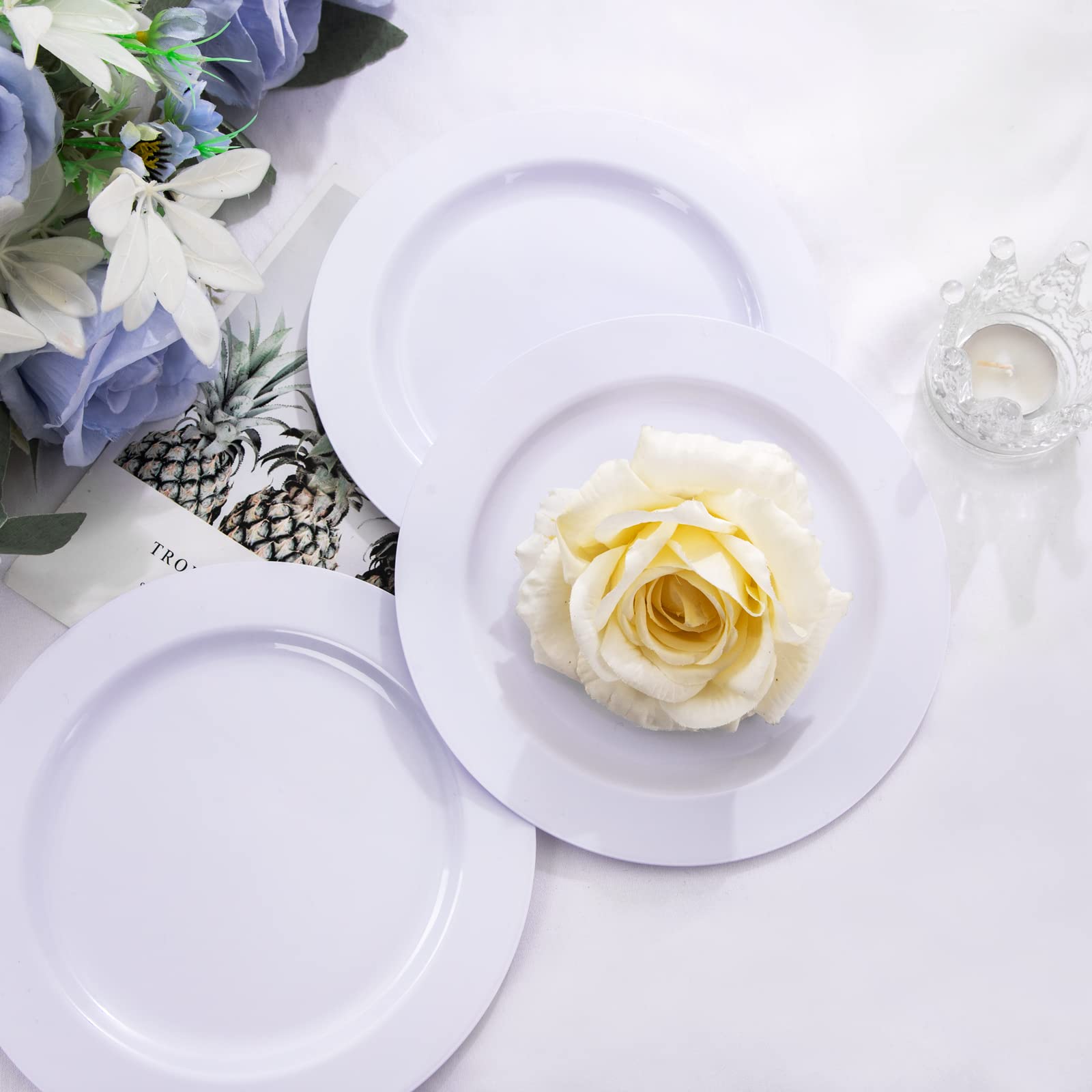 WELLIFE 200 Pieces White Plastic Dessert Plates with Gold Disposable Forks, Premium Hard Plastic Dessert Plates 7.5β, Appetizer Plastic Plates for Christmas, Wedding, Party