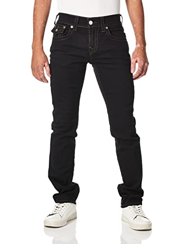 True Religion Men's Ricky Big T Straight Leg Jean with Back Flap Pockets, Body Rinse Black, 38W X 34L