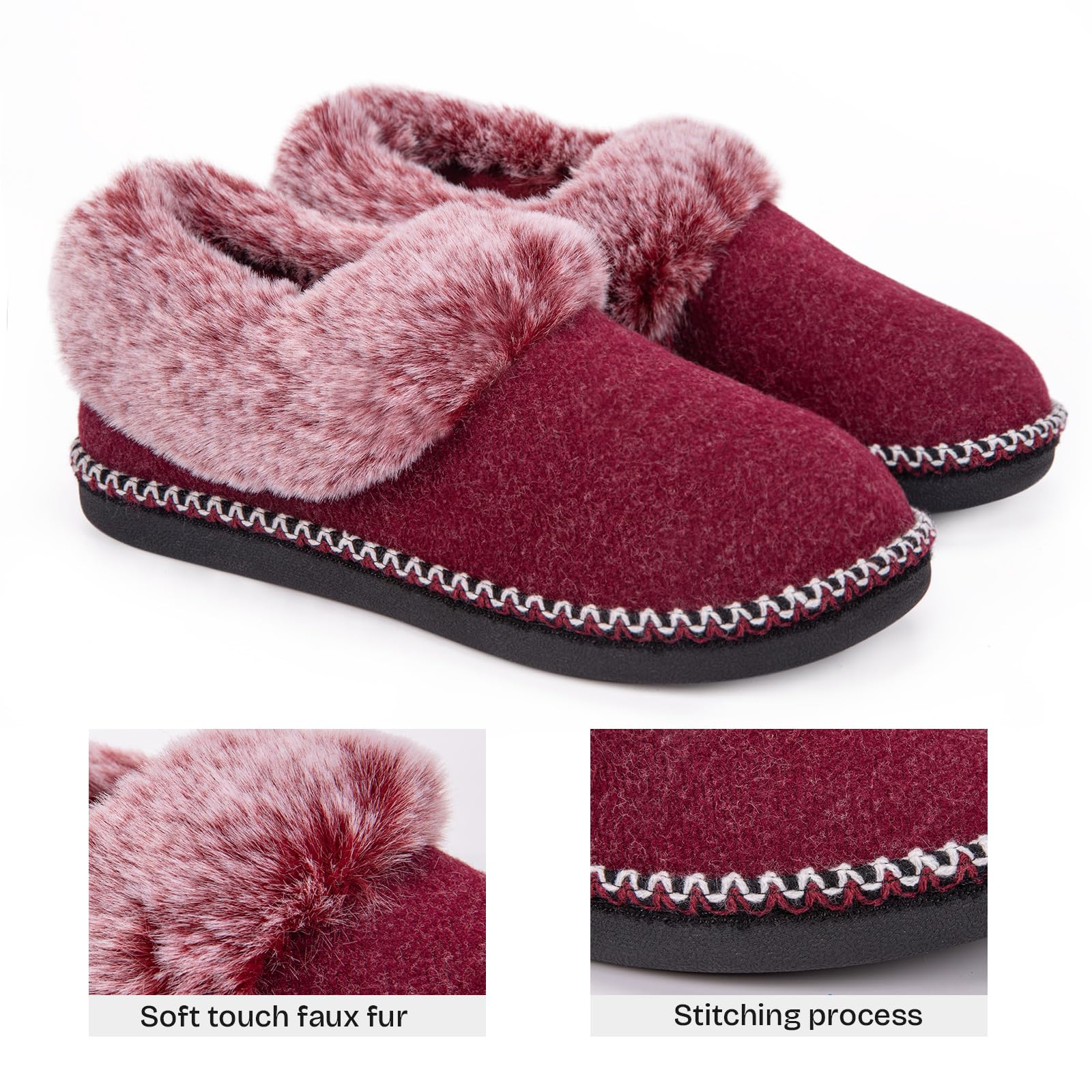 EverFoams Women's Luxury Wool Memory Foam Slippers with Fluffy Faux Fur Collar and Indoor Outdoor Sole (Burgundy, Size 7 M US)