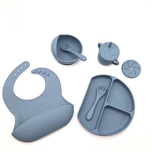 K-Universal Baby Feeding Bibs | 8pc Silicone Bibs for Babies | Bib Bowl Plate Cup Fork Spoon | Adjustable Divided Plate | Easily Wipe Clean | Less Cleaning Time After Toddler & Babies (Bubbly blue)