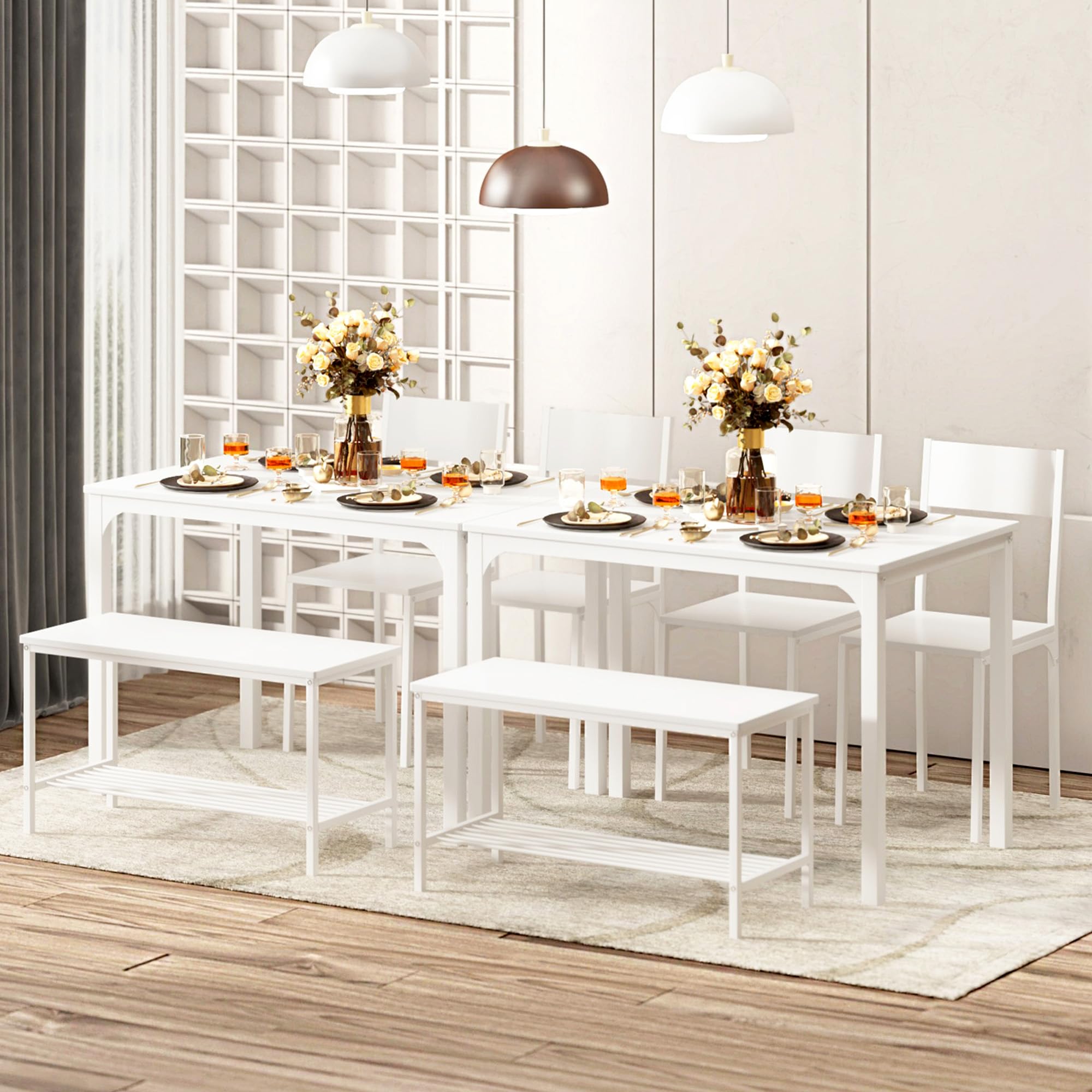 sogesfurniture 4-Piece Bench Style Dining Table Set, 4-Person Space-Saving Dinette for Kitchen,43'' Wood Kitchen Table & Chair Set for Breakfast Nook and Small Space, White