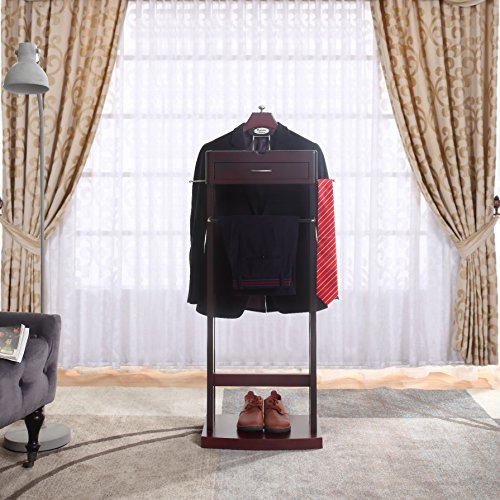 Proman Products Norstar Suit Valet Stand VL36245 with Detachable Hanger, Trouser Bar, Tie Bars, Mirror Tray & Drawer, 20βW x 15β D x 49βH, Mahogany