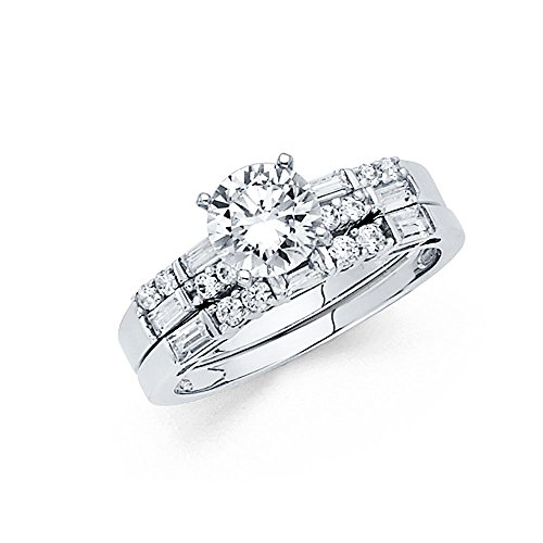 FB JEWELS 14K White Gold Cubic Zirconia CZ Rd Wedding Band and Engagement Bridal Ring Two Piece Set Size 7