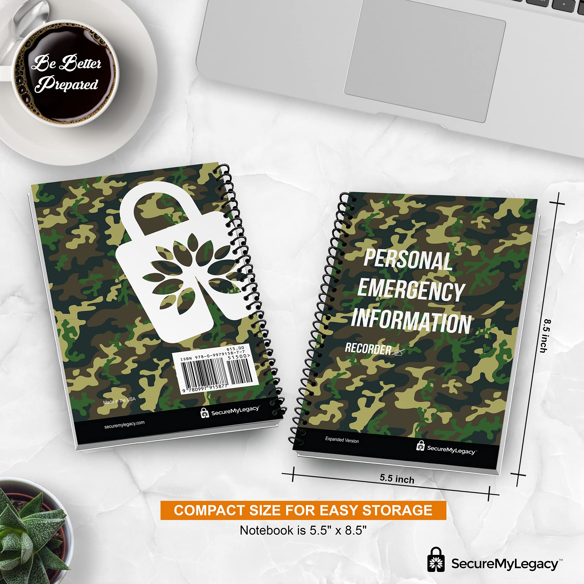 Fireproof & Lockable 13 Pocket File Bag w/ PERSONAL EMERGENCY INFORMATION RECORDER - Family Emergency Workbook (Camouflage) - Record, Organize and Centralize Passwords, Health, Financial, Insurance, Estate Planning Info, Personal Instructions and more