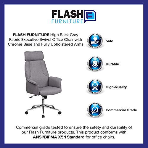 Flash Furniture High Back Gray Fabric Executive Swivel Office Chair with Chrome Base and Fully Upholstered Arms