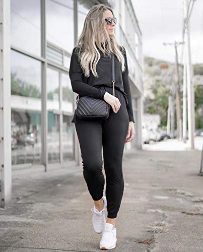PRETTYGARDEN Women's 2023 Fall Two Piece Outfit Long Sleeve Crewneck Pullover Tops And Long Pants Tracksuit (Black,Medium)