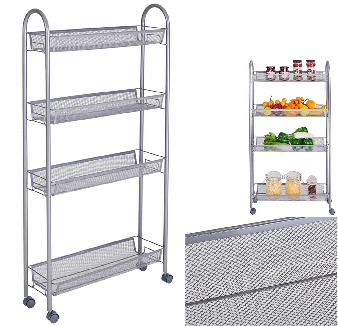 FAUROREST Honeycomb Mesh Style Four Layers Removable Storage Cart Silver Gap Kitchen Slim Slide Out Storage Tower Rack
