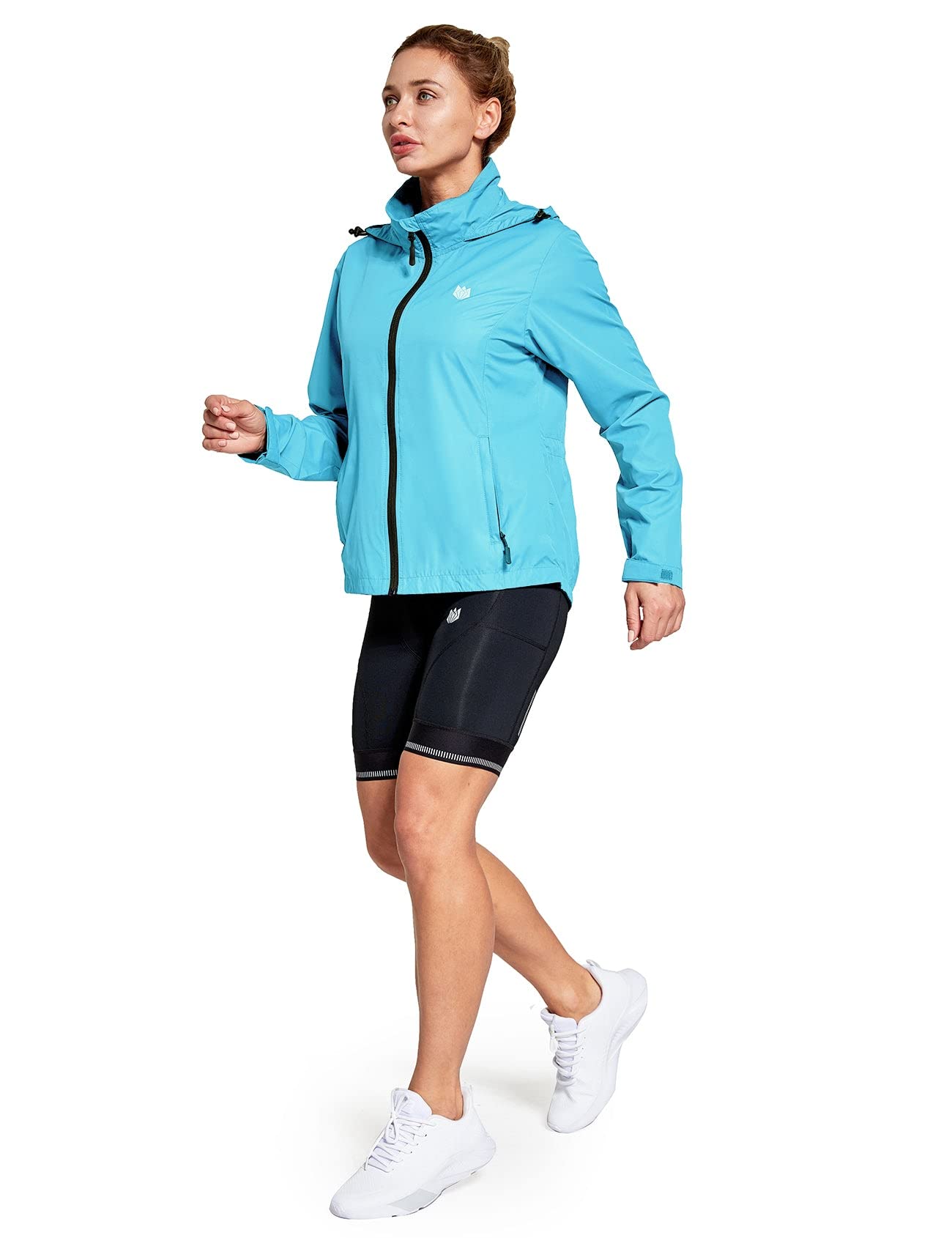 FitsT4 Sports Women's Cycling Running Jackets Lightweight Windproof Bike Windbreaker Reflective with Hood Light Blue Size XL