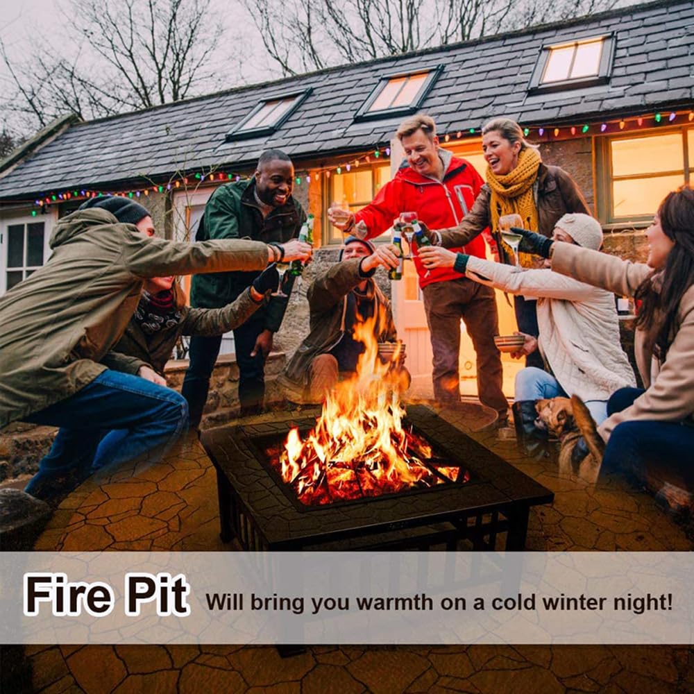 Fire Pit 32'' Wood Burning Firepit Metal Square Outdoor Fire Tables SteelFire Pit Bowl with Spark Screen Cover, Poker Log Grate for Patio Bonfire Camping Backyard Garden Picnic