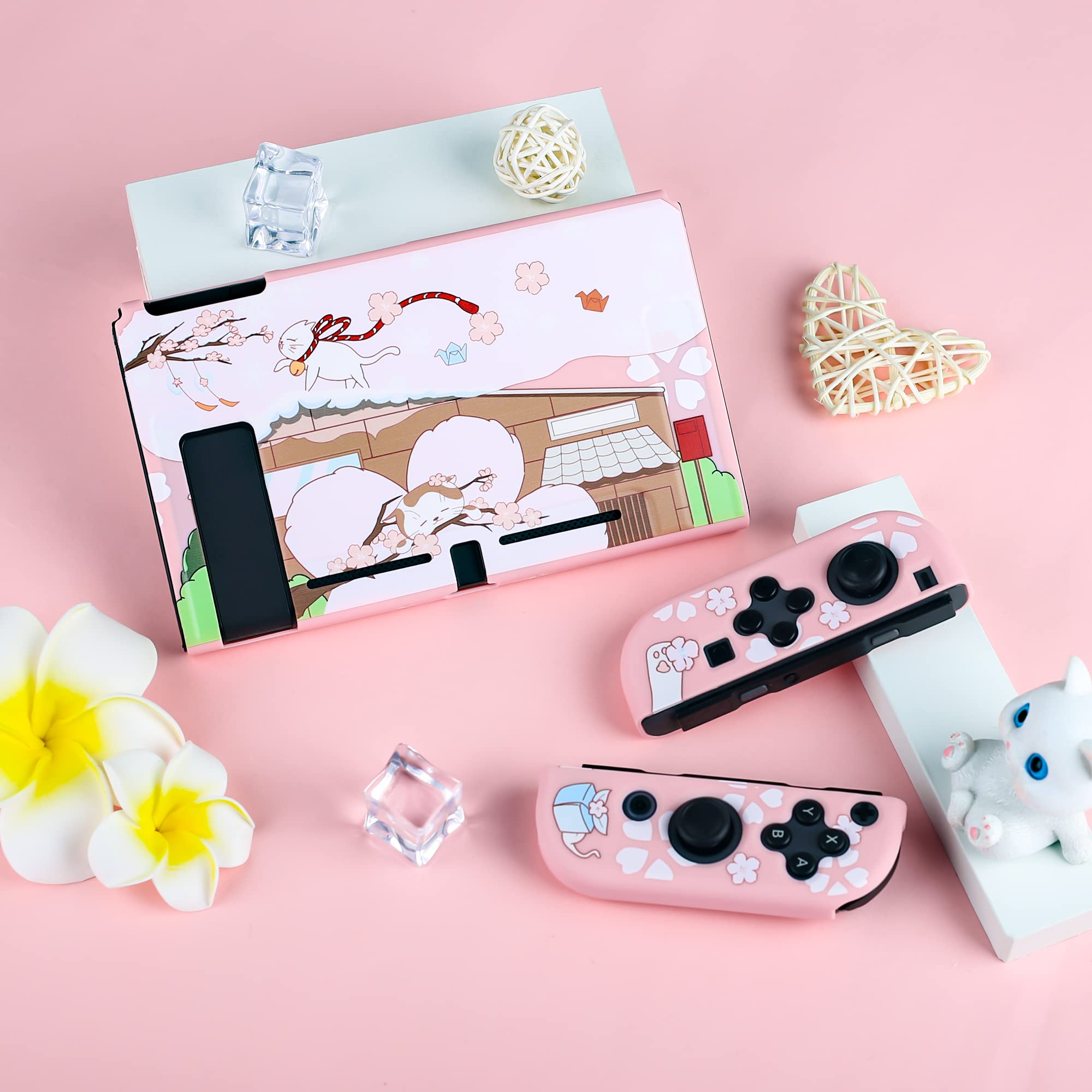 FANPL Pink Cute Case for Nintendo Switch, Soft TPU Protective Case Compatible with Switch Console and Joy Con Controller, Kawaii Switch Skin Accessories for Girls - Sakura Cat Pattern