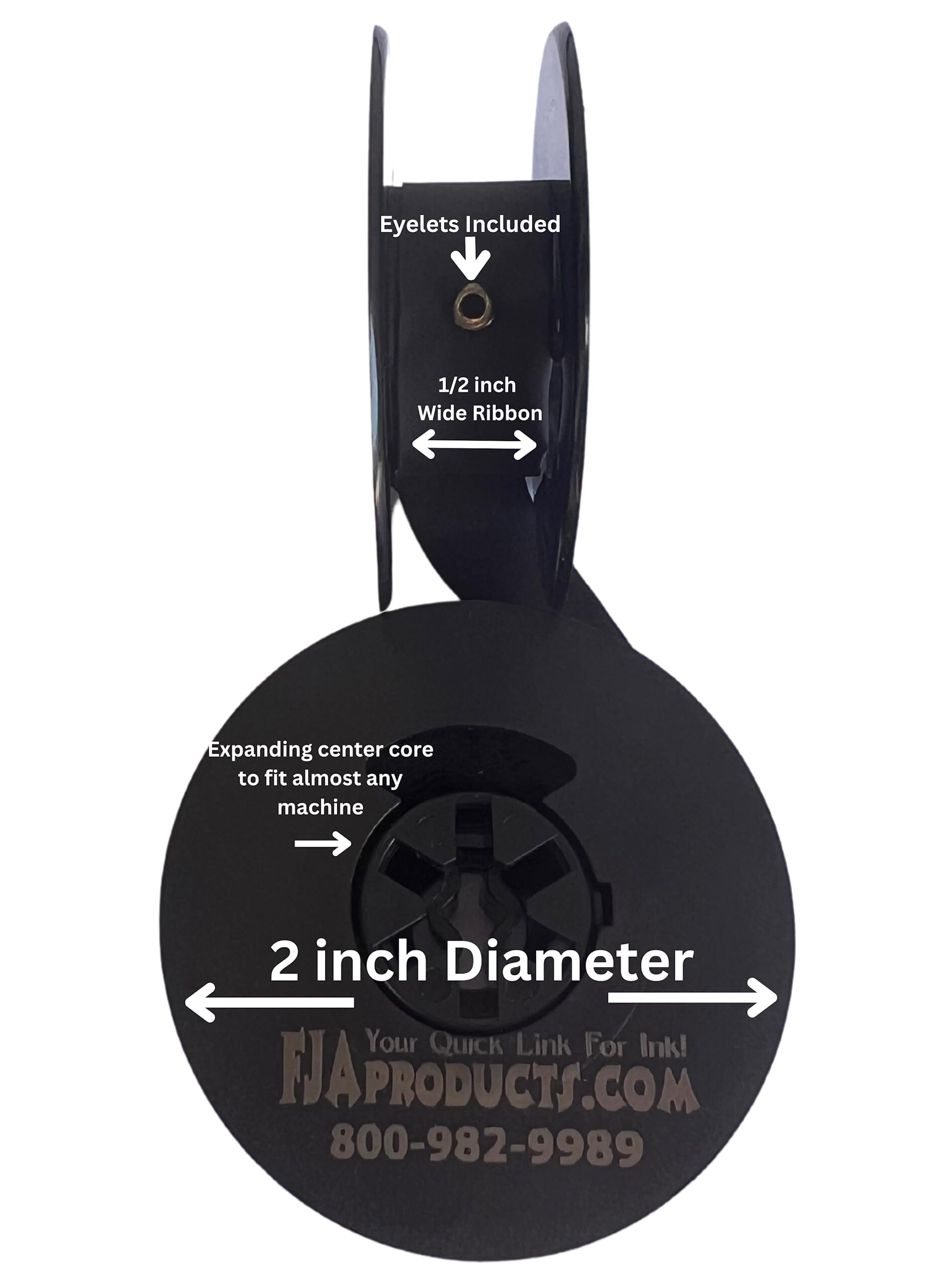 FJA Products Universal Typewriter Ribbon Twin Spool Black 1/2" Ribbon on 2 inch Spool with Eyelets. Made in USA
