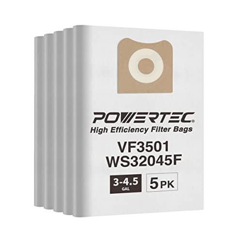 POWERTEC 75017 5PK, VF3501 Filter Bags for Ridgid/Workshop WS32045F 3-4.5 Gal Wet Dry Vacuum