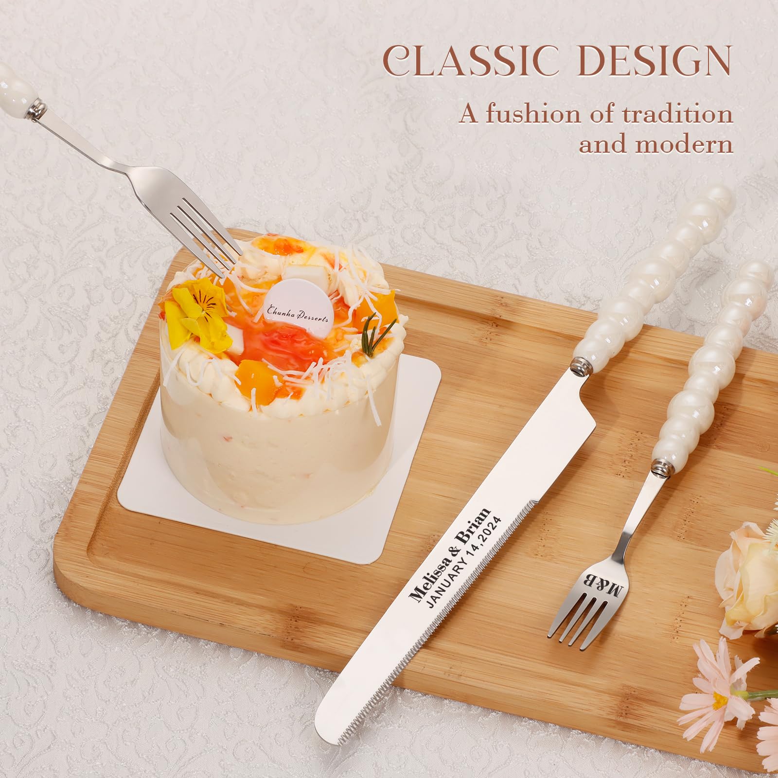 TUKDAK Pearl Wedding Cake Knife and Server Set with Forks, Cake Cutting Set with Stainless Steel Serrated Edges, Silver Pie Cutter Pizza Spatula, Gift for Bridal Couples Engagement (pearl 4pcs)
