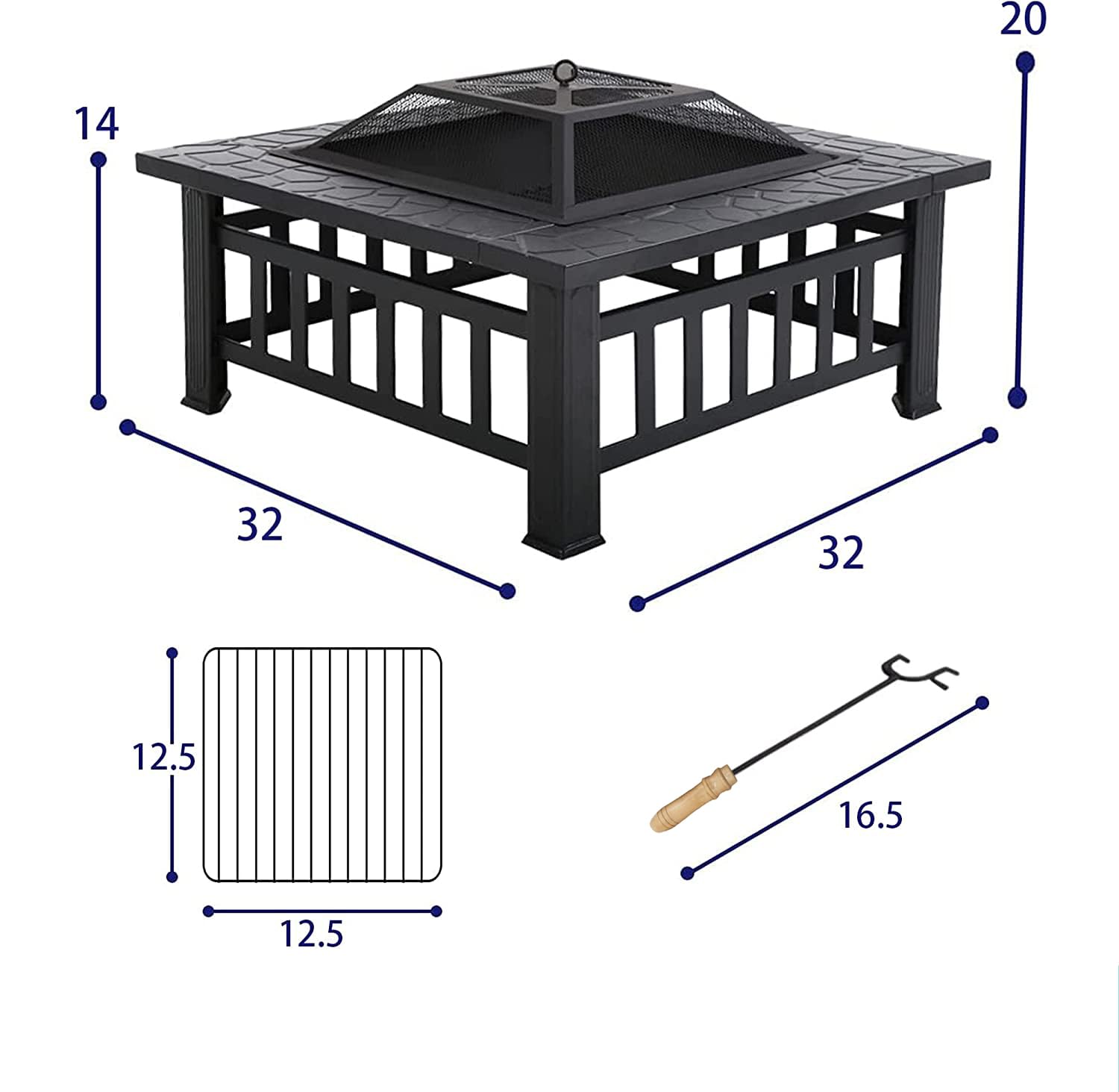 Fire Pit 32'' Wood Burning Firepit Metal Square Outdoor Fire Tables SteelFire Pit Bowl with Spark Screen Cover, Poker Log Grate for Patio Bonfire Camping Backyard Garden Picnic