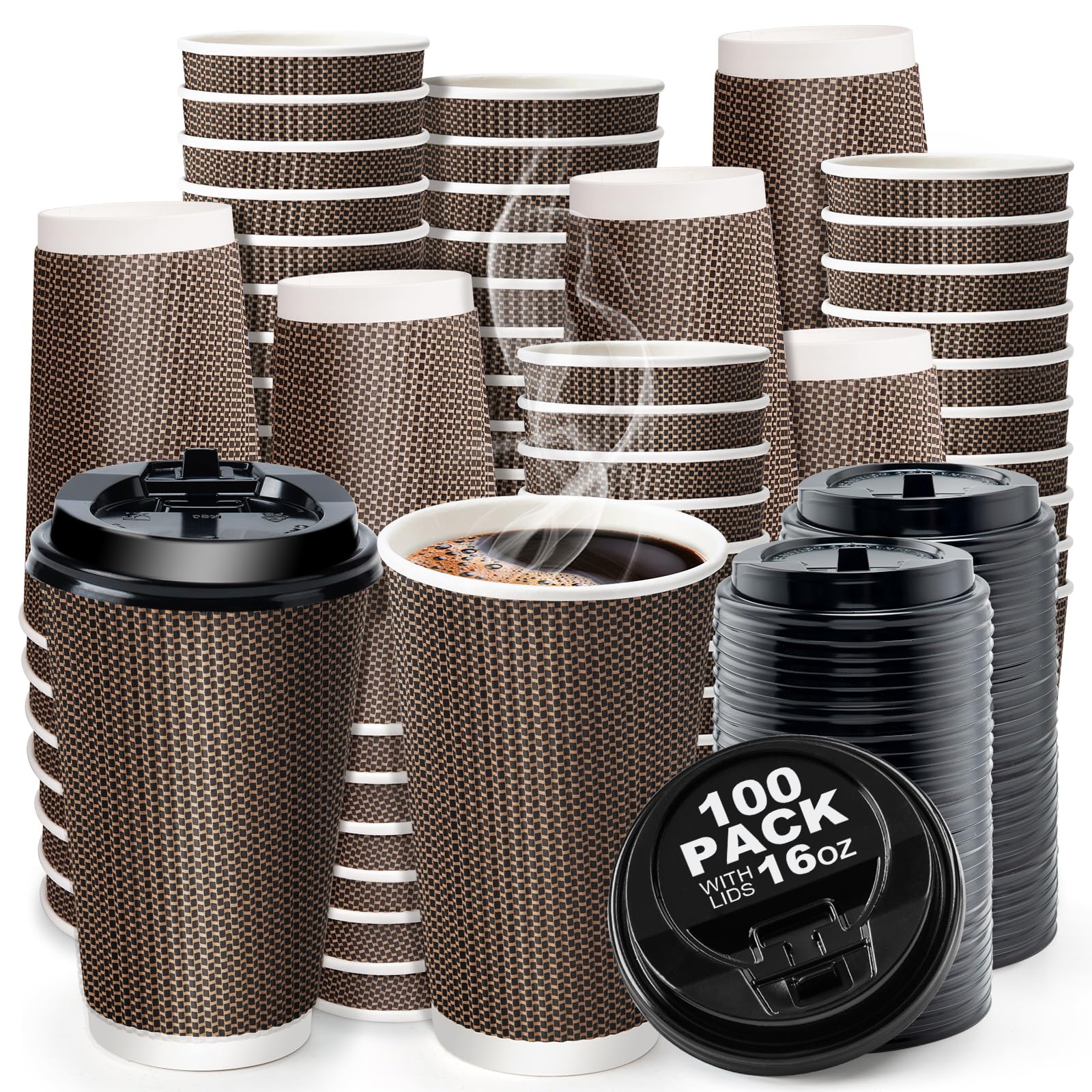 FIRSTLOVE 100 pack 16 oz Insulated Disposable Coffee Cups with Lids, Ripple Thickened Paper Three Layer To Go Coffee Cups,Perfect for Hot Coffee Tea Chocolate Drinks, Cafe