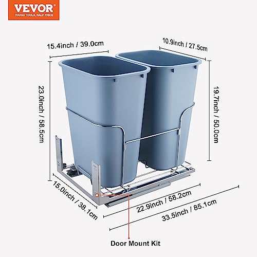 VEVOR Pull-Out Trash Can, 37Qt Double Bins, Under Mount Kitchen Waste Container with Soft-Close Slides, 44 lbs Load Capacity & Door-Mounted Brackets, Garbage Recycling Bin for Kitchen Cabinet, Grey