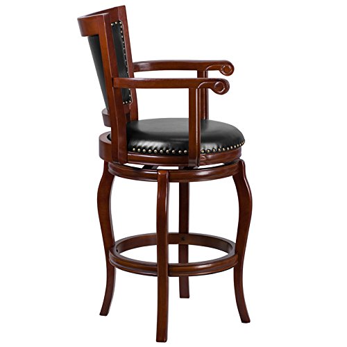 Flash Furniture Vestina 30" LeatherSoft Barstool with Footrest and Arms, Classic Ladder Back Upholstered Bar Height Stool, Cherry Wood/Black