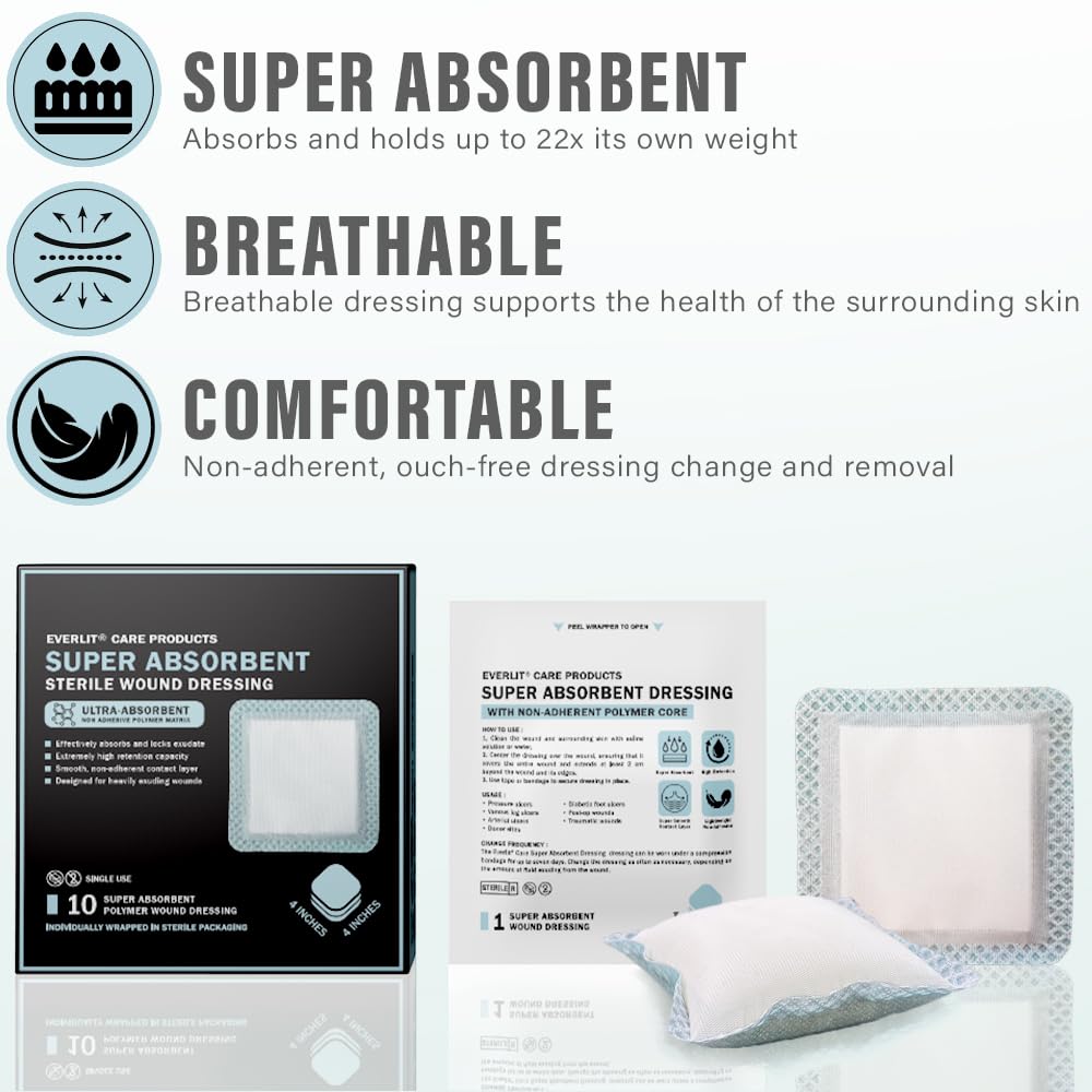 EVERLIT Super Absorbent Dressing for Wound Care | Nonstick Soft Surgical Gauze Pad for Heavily Exuding Wounds | Large Sterile Non-adhesive Bandage for Fast Healing Wound Care | Pack of 10 (4" x 4")