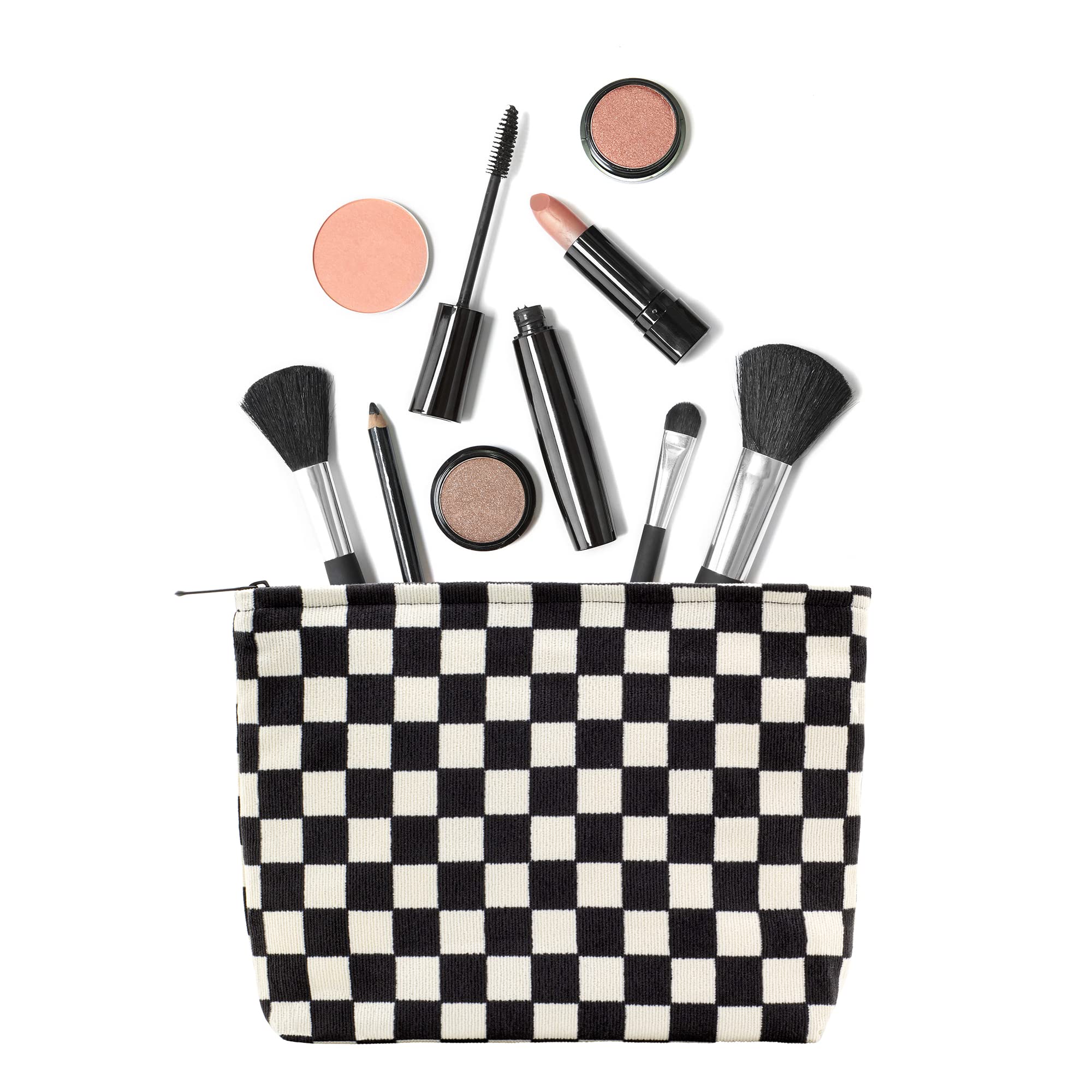 PAZIMIIK Makeup Bag Large Zipper Corduroy Make Up Pouch for Purse Travel Canvas Cosmetic Organizer for Women Brush Storage,Checkered Black