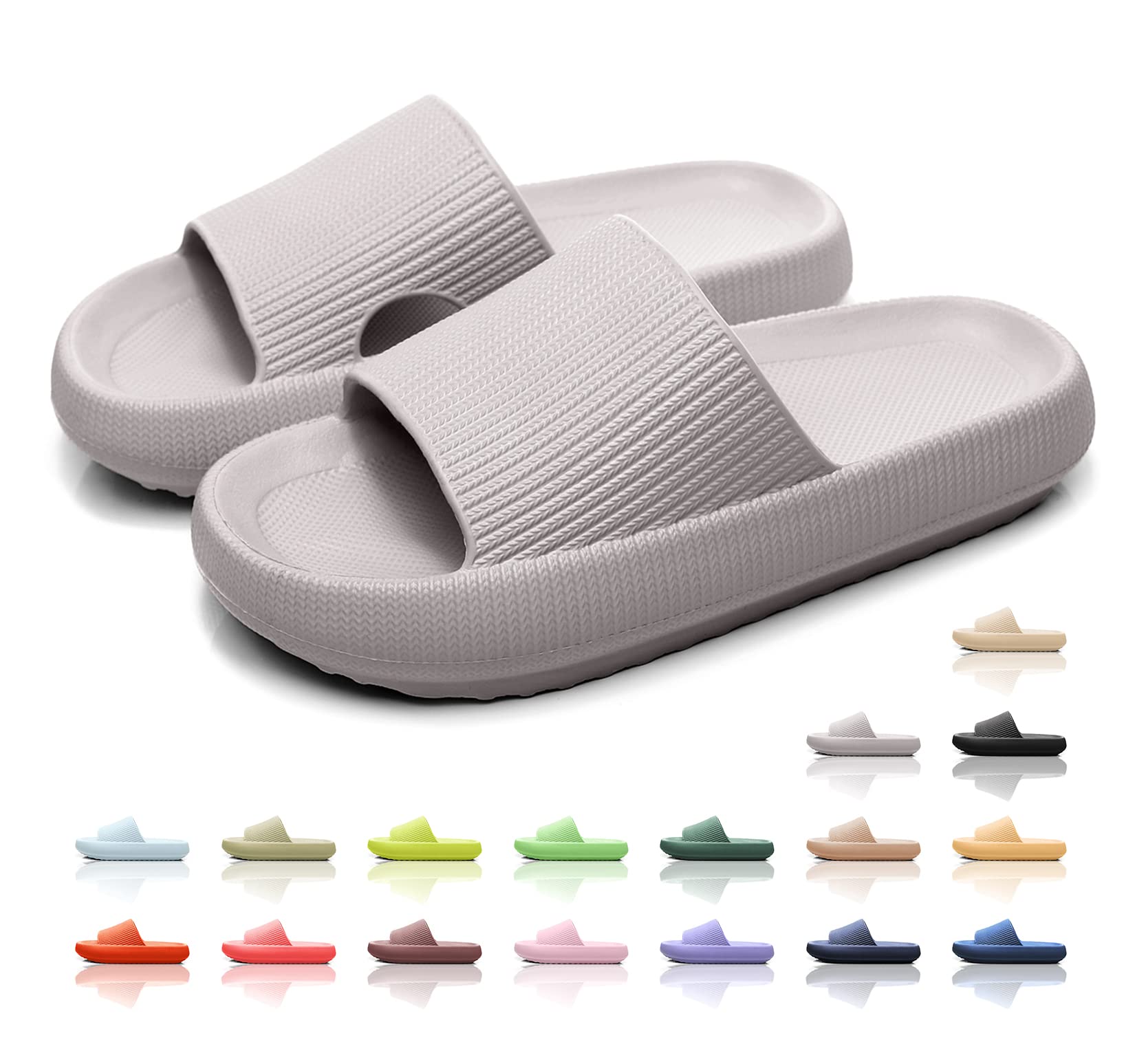 House Slippers For Women & Men - Cloud Slippers Non Slip Pillow Shower Slides Open Toe Comfy Quick Drying Bathroom Sandals For Spa Pool Gym Beach Indoor and Outdoor Grey 4041