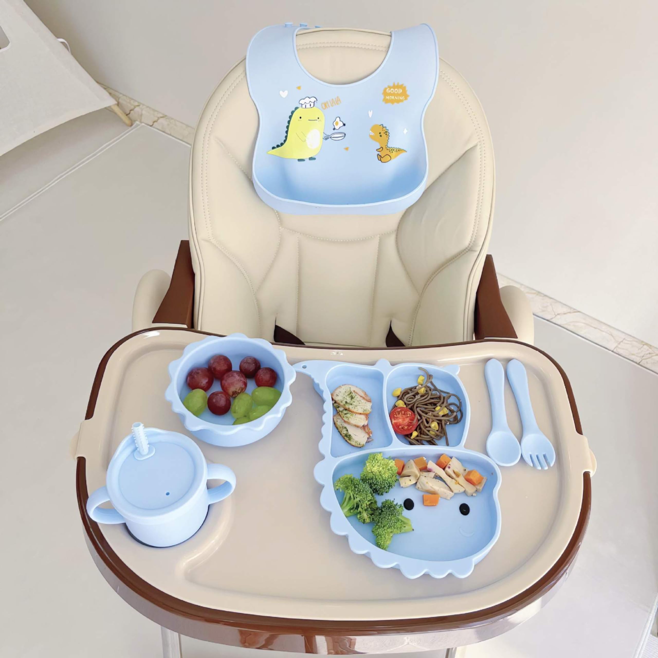 Silicone Baby Feeding Set, Baby Led Weaning Supplies, Eating Essentials Utensils with Suction Plate and Bowl, Pocket Bib, Sippy Cup with Lid, Forks Spoons Snack Container (Tropical Blue) 6M +