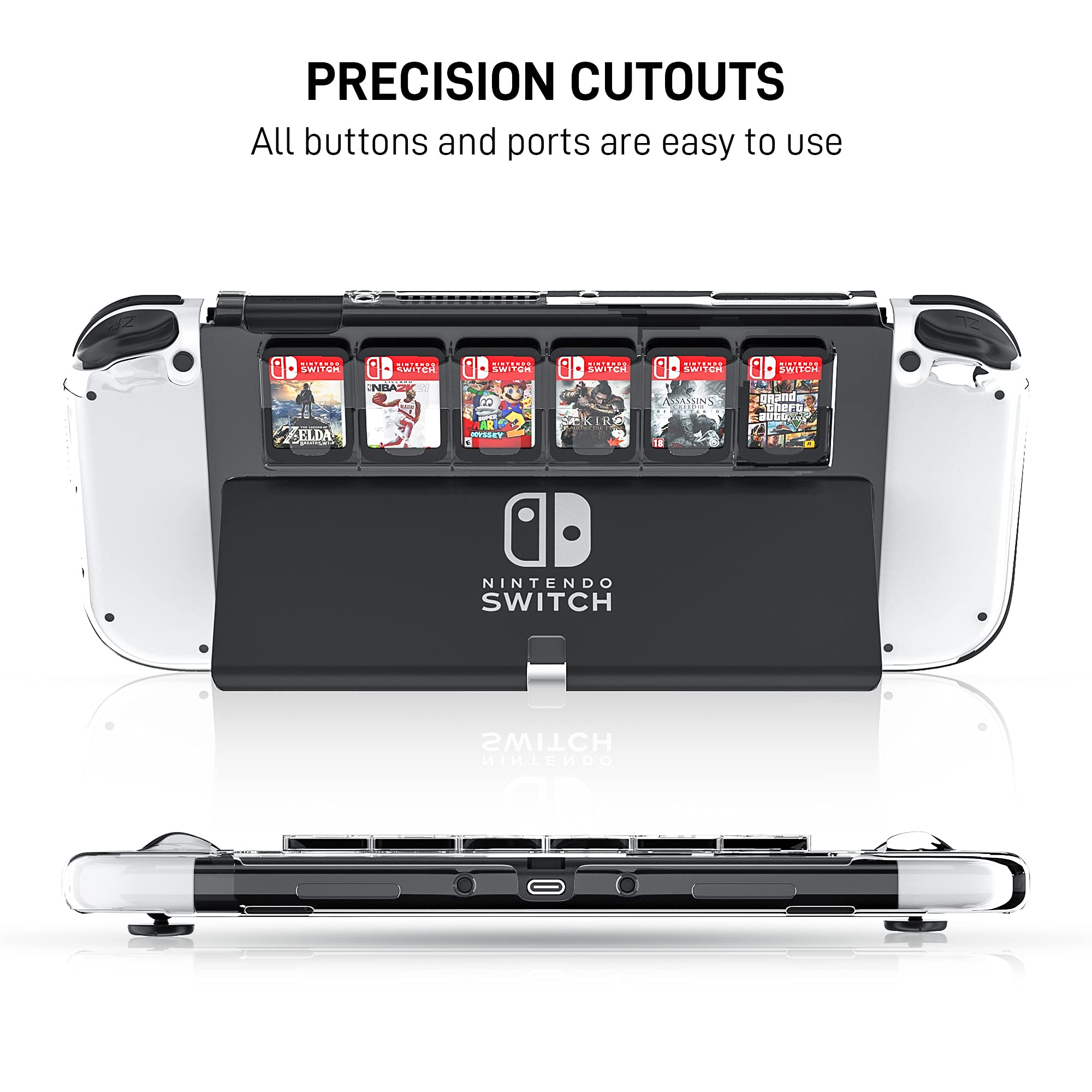 FANPL Clear Protective Case for Nintendo Switch OLED Model, Hard Case Cover with Game Card Storage, Carry Convenient, Transparent Shell Includes 1 Screen Protector, 10 Silicone Thumb Grip Caps