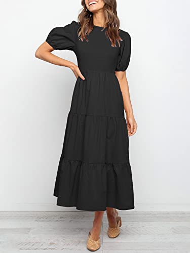 ZESICA Women's 2023 Casual Summer Crew Neck Short Puff Sleeve Smocked High Waist Ruffle Tiered A Line Midi Dress,Black,Medium
