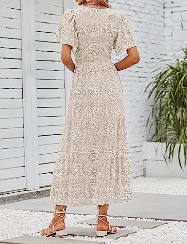 ZESICA Women's 2023 Summer Casual Floral Print Short Flutter Sleeve Crew Neck Smocked High Waist Flowy Maxi Dress,Beige,Small